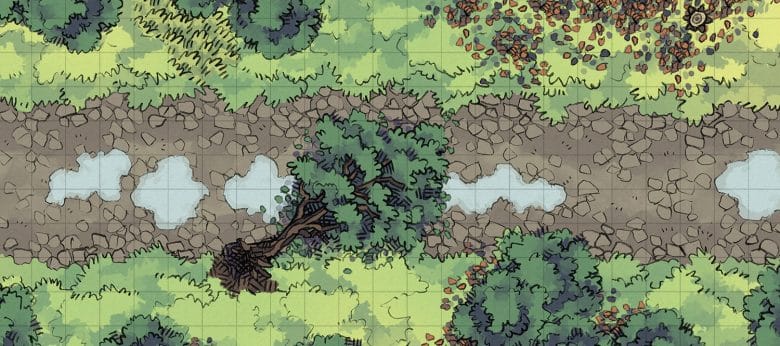 Cobblestone Highway battle map, forested banner | 2-Minute Tabletop