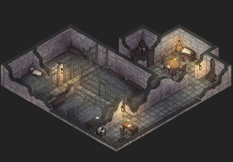 The Isometric Jail battle map by 2-Minute Tabletop